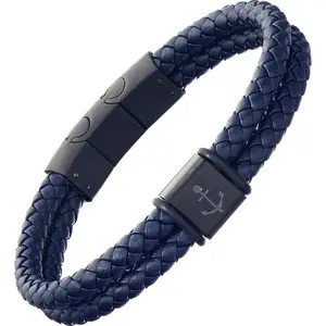 LINK UP Braided Leather Bracelet With Stainless Steel Anchor - Navy