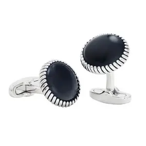 LINK UP Round Cufflinks With Texture Border Black/silver