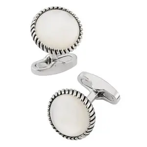 LINK UP Round Cufflinks With Texture Border White/silver