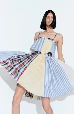 DE LORETA Gabriela Spaghetti Strap Pleat Cotton Top - Mix Lines