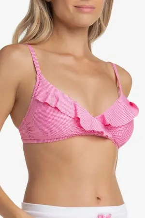 Helen Jon Ruffled Shirred Crossover Bikini Top - Pink Gingham