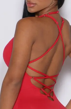 BOMBSHELL SPORTSWEAR Form Fitting Evening Dress With Lace-up Open Back And High Slit - Bright Red