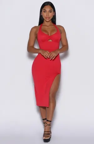 BOMBSHELL SPORTSWEAR Form Fitting Evening Dress With Lace-up Open Back And High Slit - Bright Red
