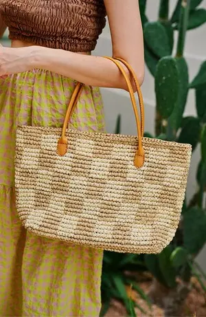 Pink Haley Lindsey Checker Raffia Tote