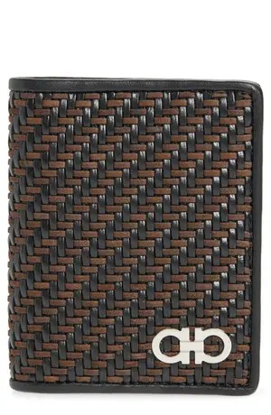 FERRAGAMO Gancio Woven Leather Bifold Card Holder - T.moro/nero