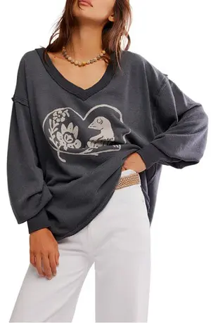 Free People Oversized Cotton Blend Graphic Sweatshirt - Black Bird Combo