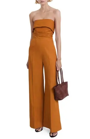 Mango Foldover Strapless Jumpsuit Brown
