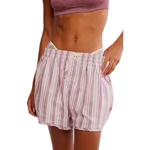 Free People Day To Day Flannel Boxer Pajama Shorts - Burgundy Combo