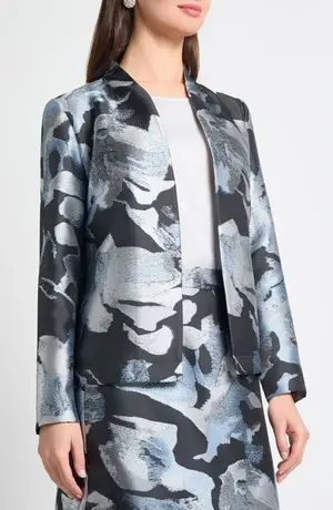 Ming Wang Floral Jacquard Open-front Blazer
