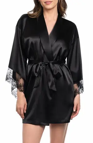 IN BLOOM BY JONQUIL Tasha Embroidered Lace Trim Satin Wrap - Black