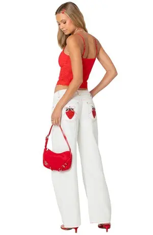EDIKTED Strawberry Embroidered Straight Leg Jeans