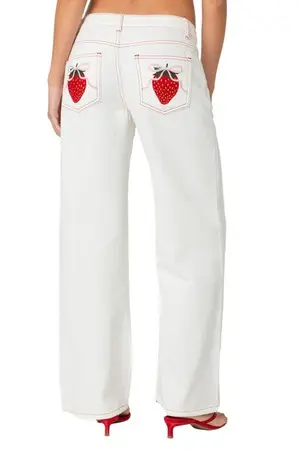 EDIKTED Strawberry Embroidered Straight Leg Jeans