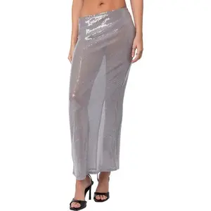 EDIKTED Sequin Embellished Sheer Maxi Skirt - Gray