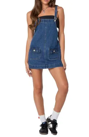 EDIKTED Denim Overall Mini Dress - Blue-washed