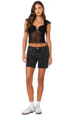 EDIKTED Sheer Mesh Crop Top With Bow Detail