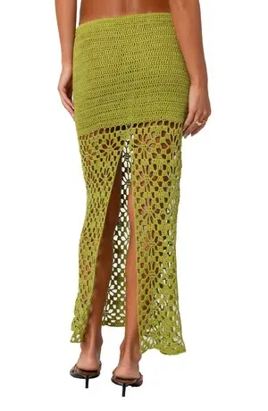 EDIKTED Floral Open Knit Maxi Skirt - Green