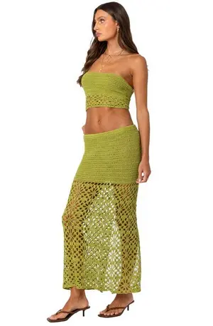 EDIKTED Floral Open Knit Maxi Skirt - Green