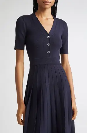 Thom Browne Mixed Stitch Wool & Silk Midi Dress - Navy
