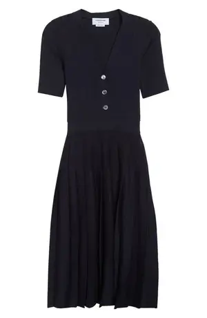 Thom Browne Mixed Stitch Wool & Silk Midi Dress - Navy