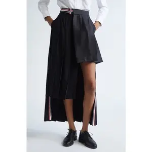 Thom Browne Pleated Asymmetric Mixed Media Wrap Skirt - Black