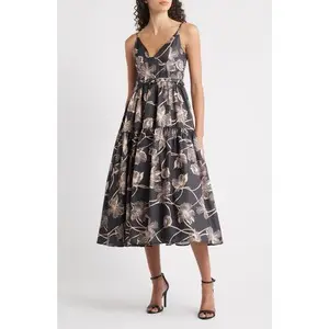 HUTCH Belted Bustier Tiered Dress - Black/apricot Vining Buds