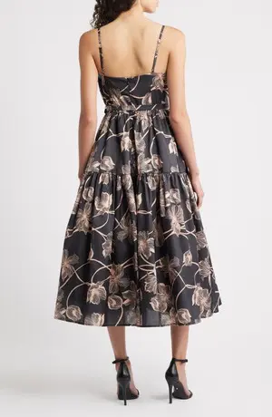 HUTCH Belted Bustier Tiered Dress - Black/apricot Vining Buds