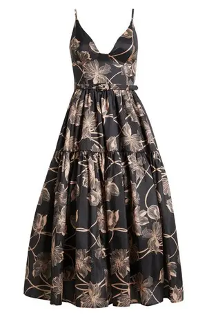 HUTCH Belted Bustier Tiered Dress - Black/apricot Vining Buds