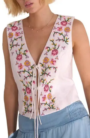 NEXT Floral Embroidered Front Tie Vest - White