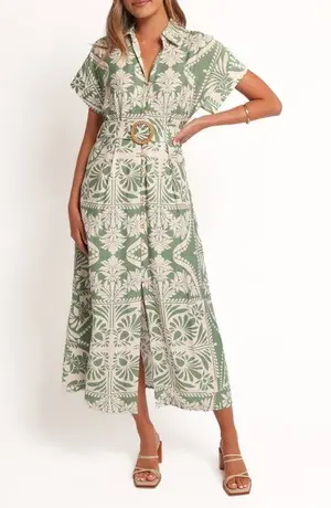 PETAL & PUP Printed Button-up Midi Dress With Belt