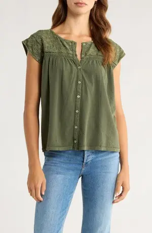 Lucky Brand Embroidered Sleeveless Top - Dusty Olive