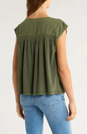 Lucky Brand Embroidered Sleeveless Top - Dusty Olive