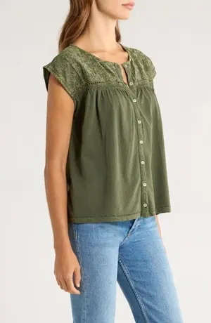 Lucky Brand Embroidered Sleeveless Top - Dusty Olive