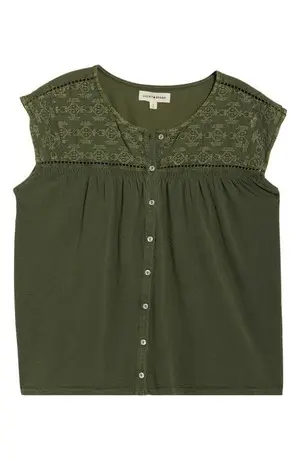 Lucky Brand Embroidered Sleeveless Top - Dusty Olive