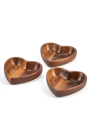 NAMBE Eat Your Heart Out Set Of 3 Small Acacia Wood Bowls - Brown