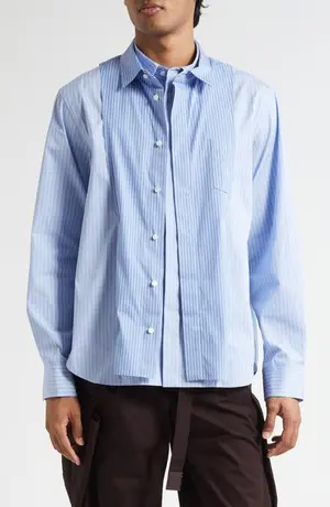 Sacai Stripe Overlay Cotton Poplin Button-up Shirt - Stripe Mix