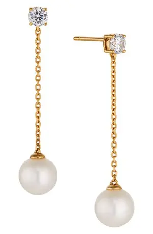 Nadri Pearl And Cubic Zirconia Linear Drop Earrings - Pearl/gold