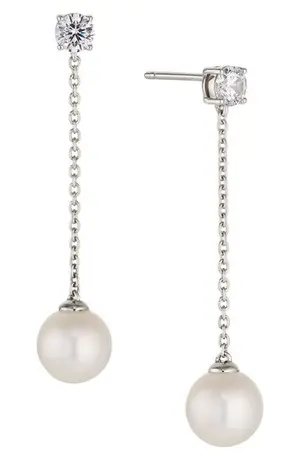 Nadri Pearl And Cubic Zirconia Linear Drop Earrings Pearl/rhodium