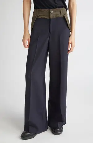 Sacai Suiting Mixed Media Straight Leg Pants - Navy/dark Khaki