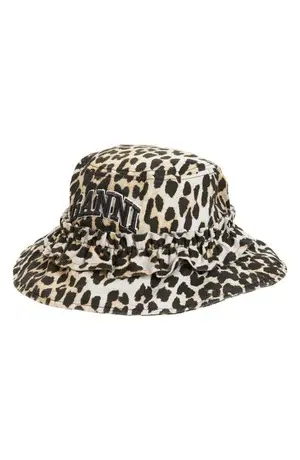 GANNI Washed Organic Cotton Canvas Bucket Hat Leopard