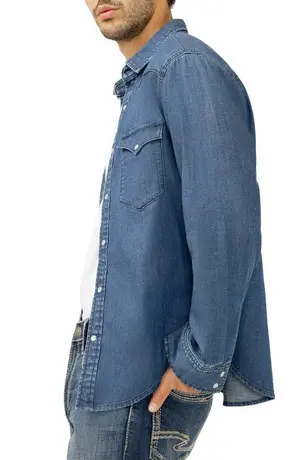 SILVER JEANS CO. Cotton Blend Denim Snap-up Western Shirt