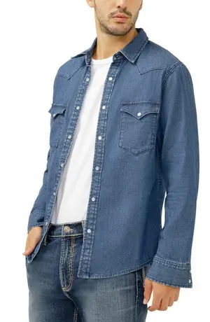 SILVER JEANS CO. Cotton Blend Denim Snap-up Western Shirt