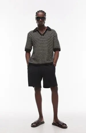 Topman Johnny Collar Textured Stripe Cotton Polo Sweater