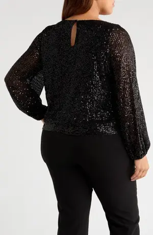 TAHARI ASL Sequin Tie Hem Top - Black