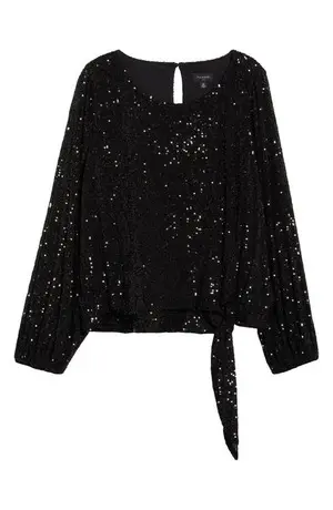 TAHARI ASL Sequin Tie Hem Top - Black