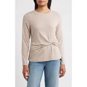 Wit & Wisdom Twist Front Crewneck T-shirt - Heather Oatmeal