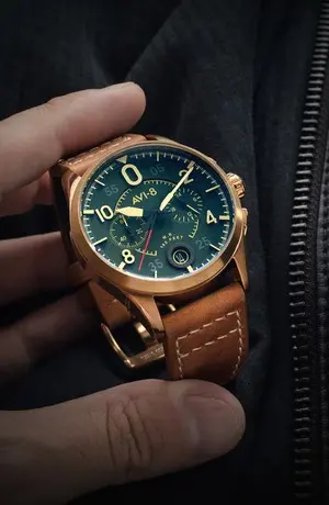 AVI-8 Spitfire Lock Dial Chronograph Leather Strap Watch - Green