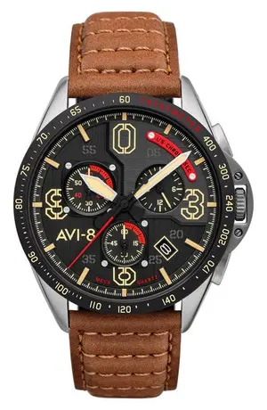AVI-8 P-51 Mustang Blakeslee Chronograph Leather Strap Watch - Black