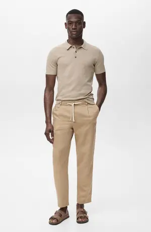 Mango Slim Fit Pleated Pants With Drawstring Waist - Beige