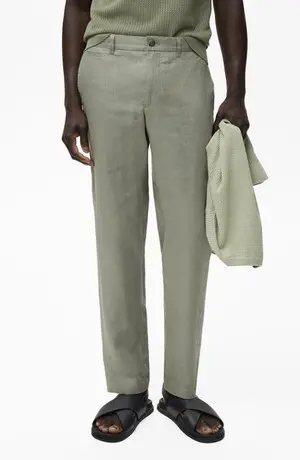 Mango Slim Fit Flat Front Linen Trousers - Green