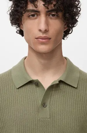 Mango Openwork Knit Cotton Polo - Green